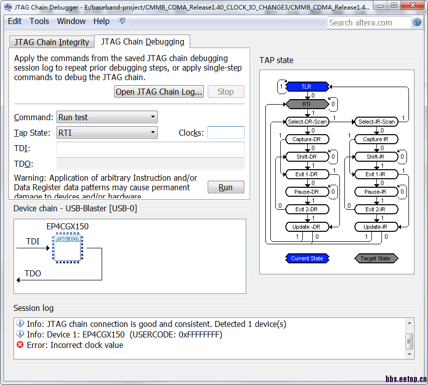 EP4CGX150，jic烧写不成功，JTAG debugger提示时钟值不对 - 微波EDA网
